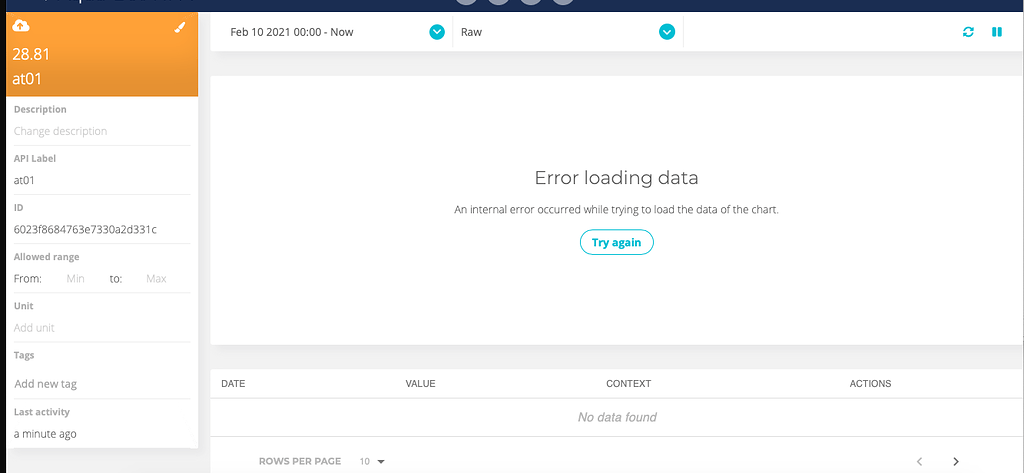 STEM Not displaying data received: An internal error occurred while trying to load the data of ...