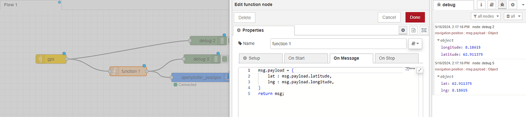 GPS position from Node Red shown on Map Widget - Data management ...